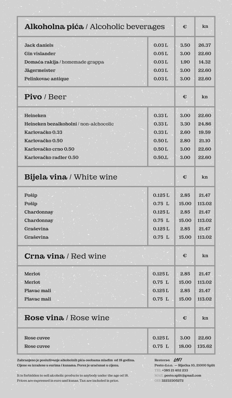 Cjenik pića | Restoran Laf